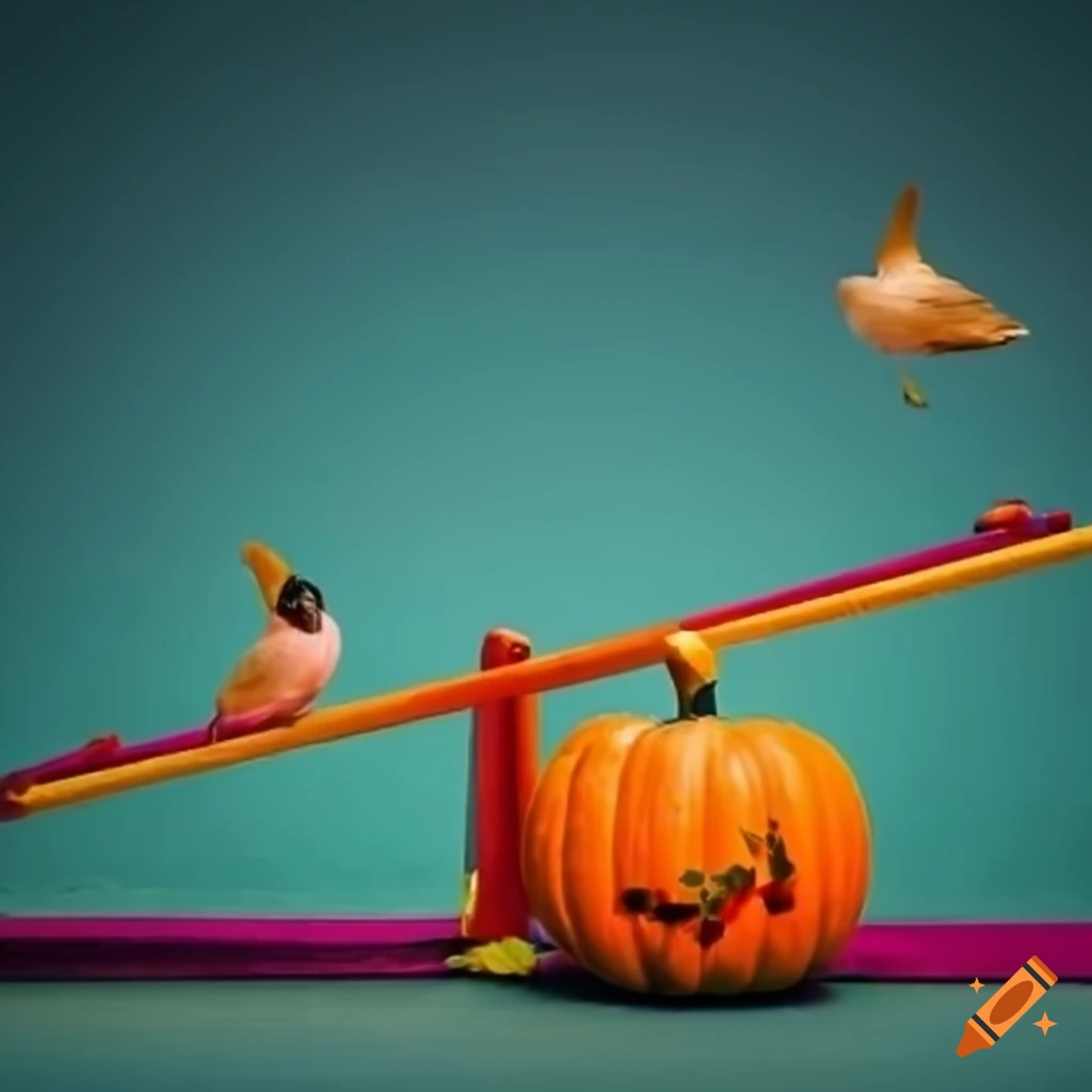 Colorful children's seesaw with a rotten pumpkin and birds on Craiyon
