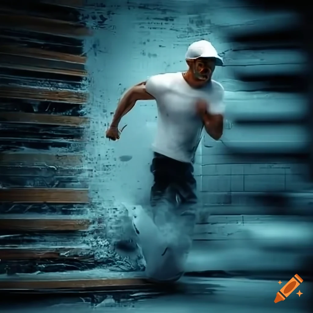 Man in white t-shirt and jeans running through glass window on Craiyon