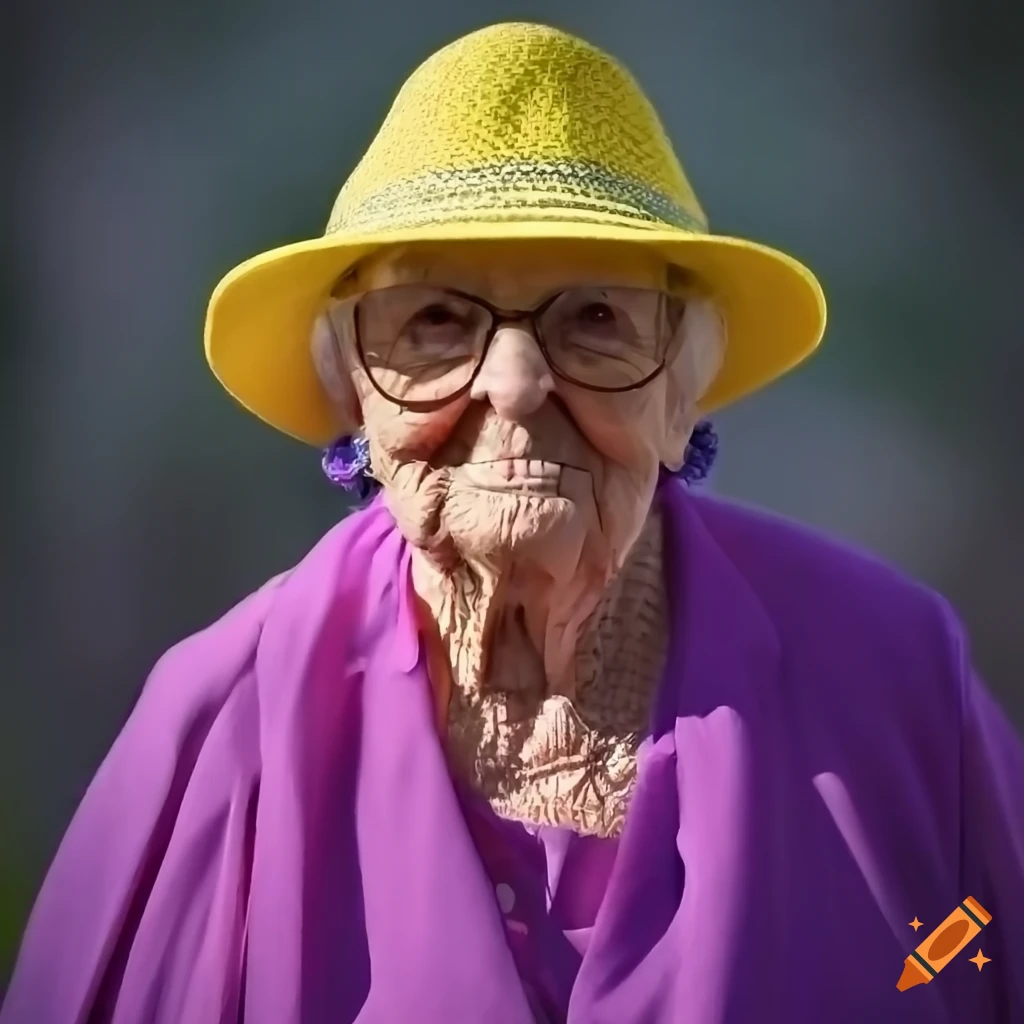 Fashionable granny with yellow hat and violet robe on Craiyon