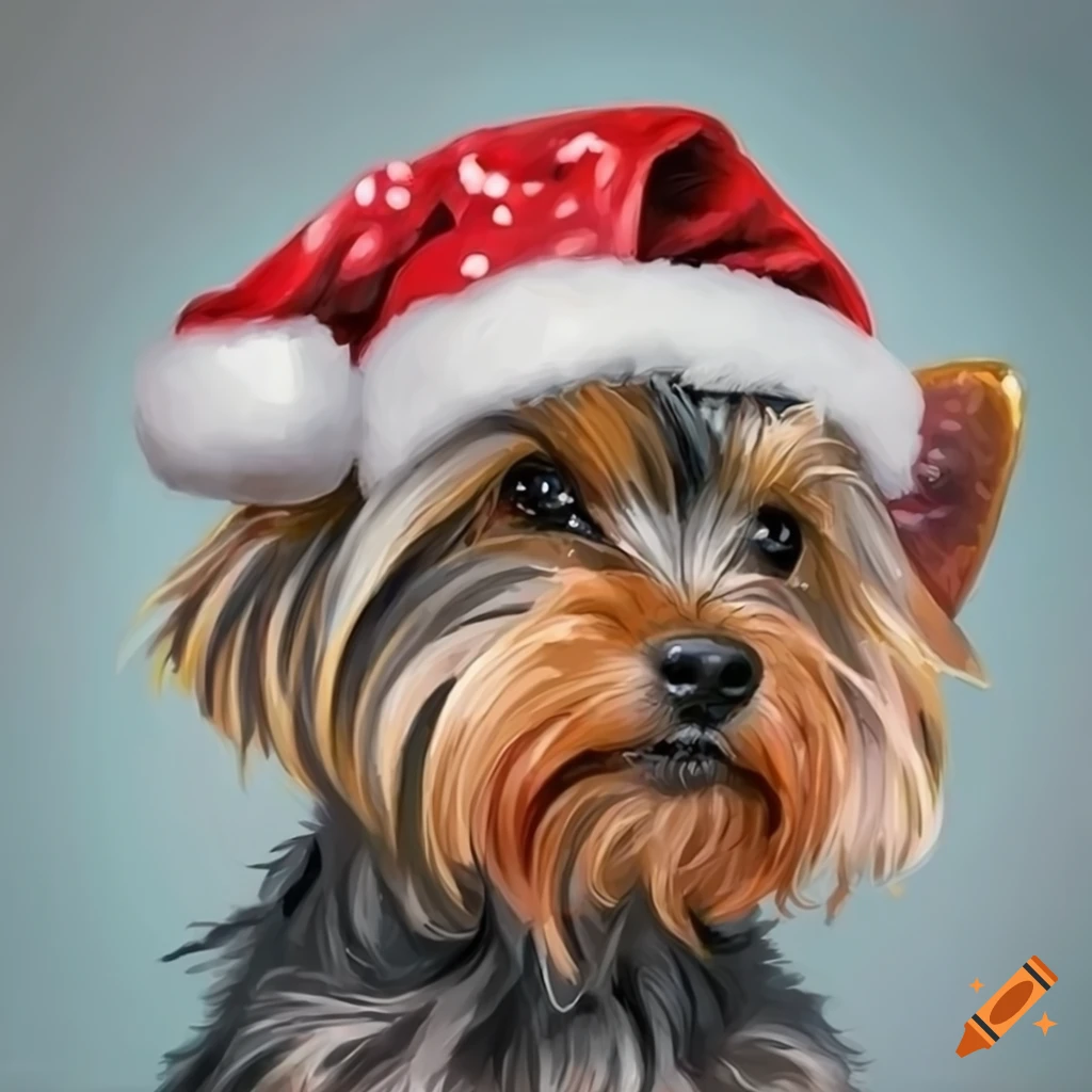 Hyper realistic portrait of a happy yorkshire terrier puppy with Santa ...