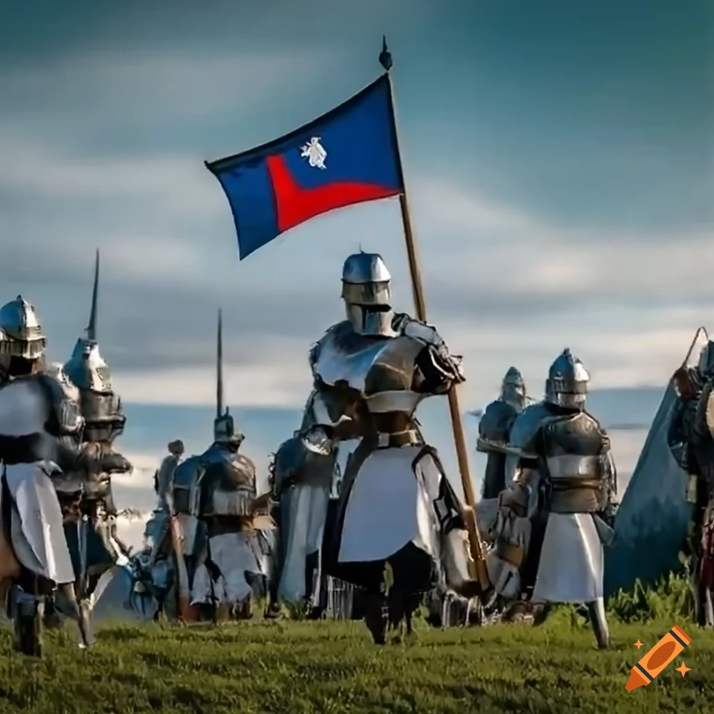 Medieval knights marching into a sunlit village on Craiyon