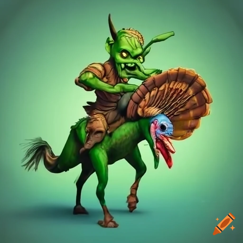 Green goblin riding a turkey like a horse