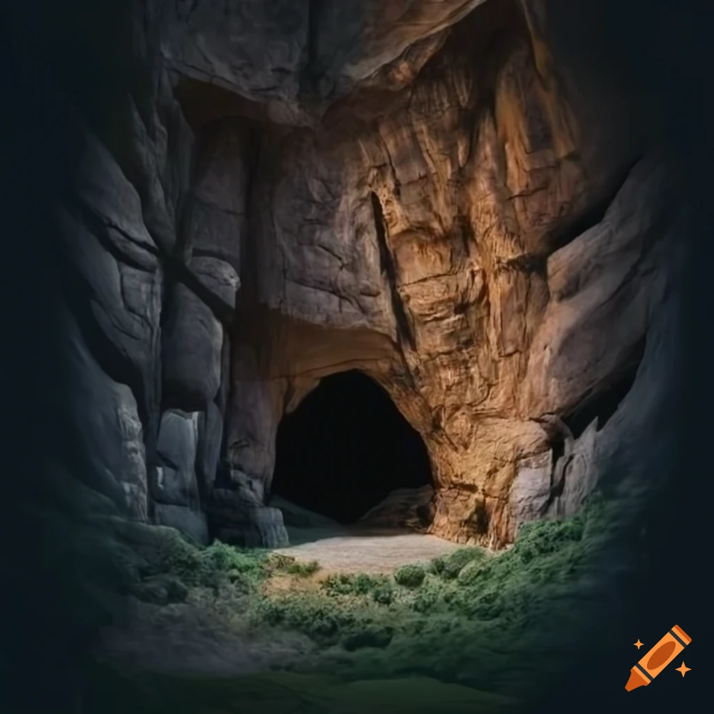 View of a cave entrance between rocky mountains