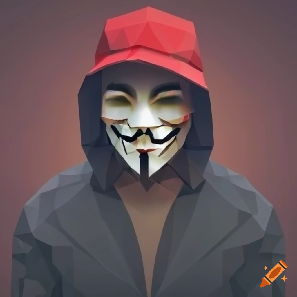 Low poly hacker with dark hair in red cap logo on Craiyon