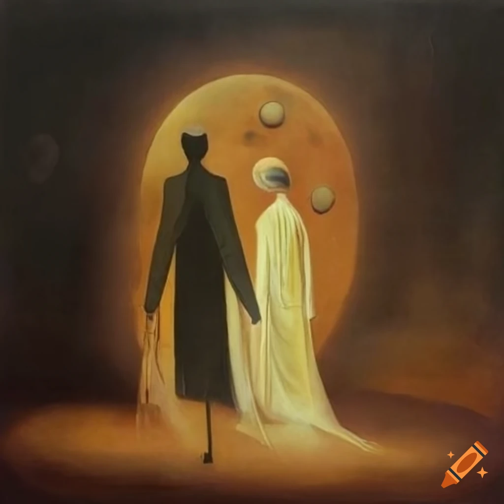 Surrealist painting of women and man on moon landscape