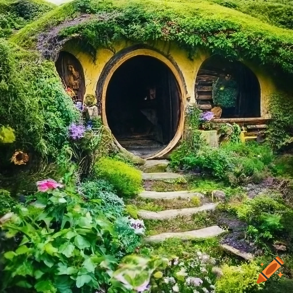 Photograph of a lush cave with a cozy hobbit house on Craiyon