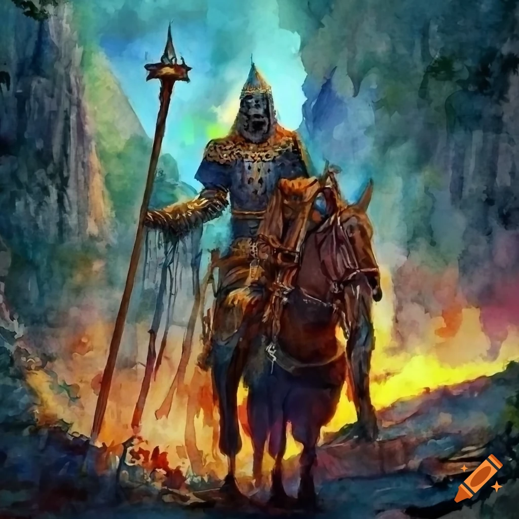 Watercolor painting of a majestic medieval king riding by a river on ...