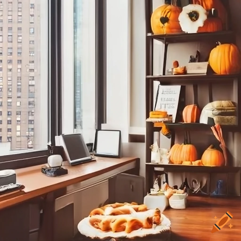 Cozy thanksgiving office space with pie and pumpkin