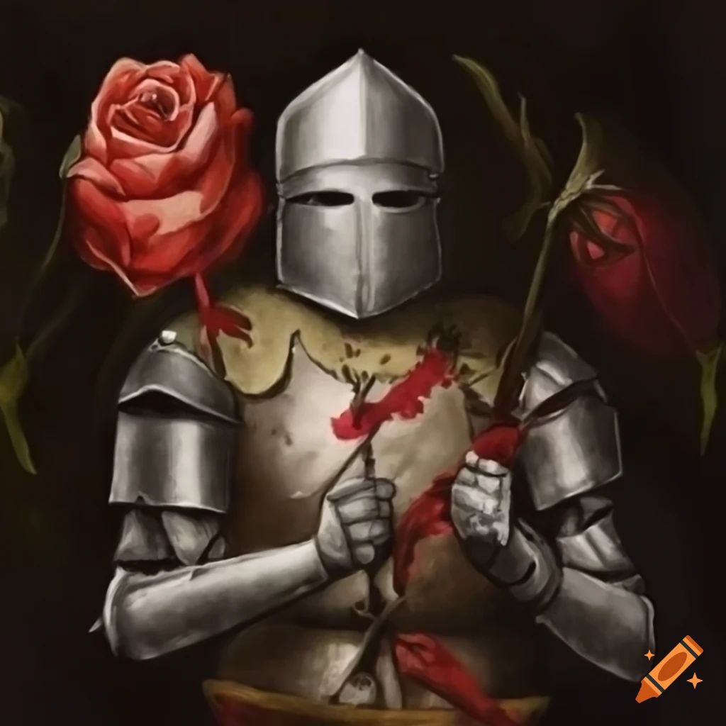 Medieval painting of a knight holding a rose and sword on Craiyon