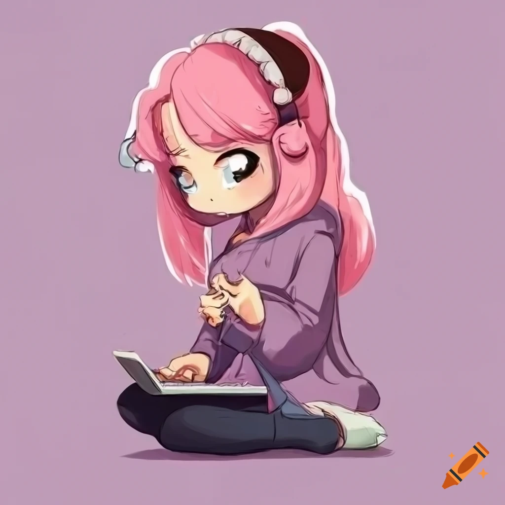 Chibi woman with pink hair working on laptop on Craiyon