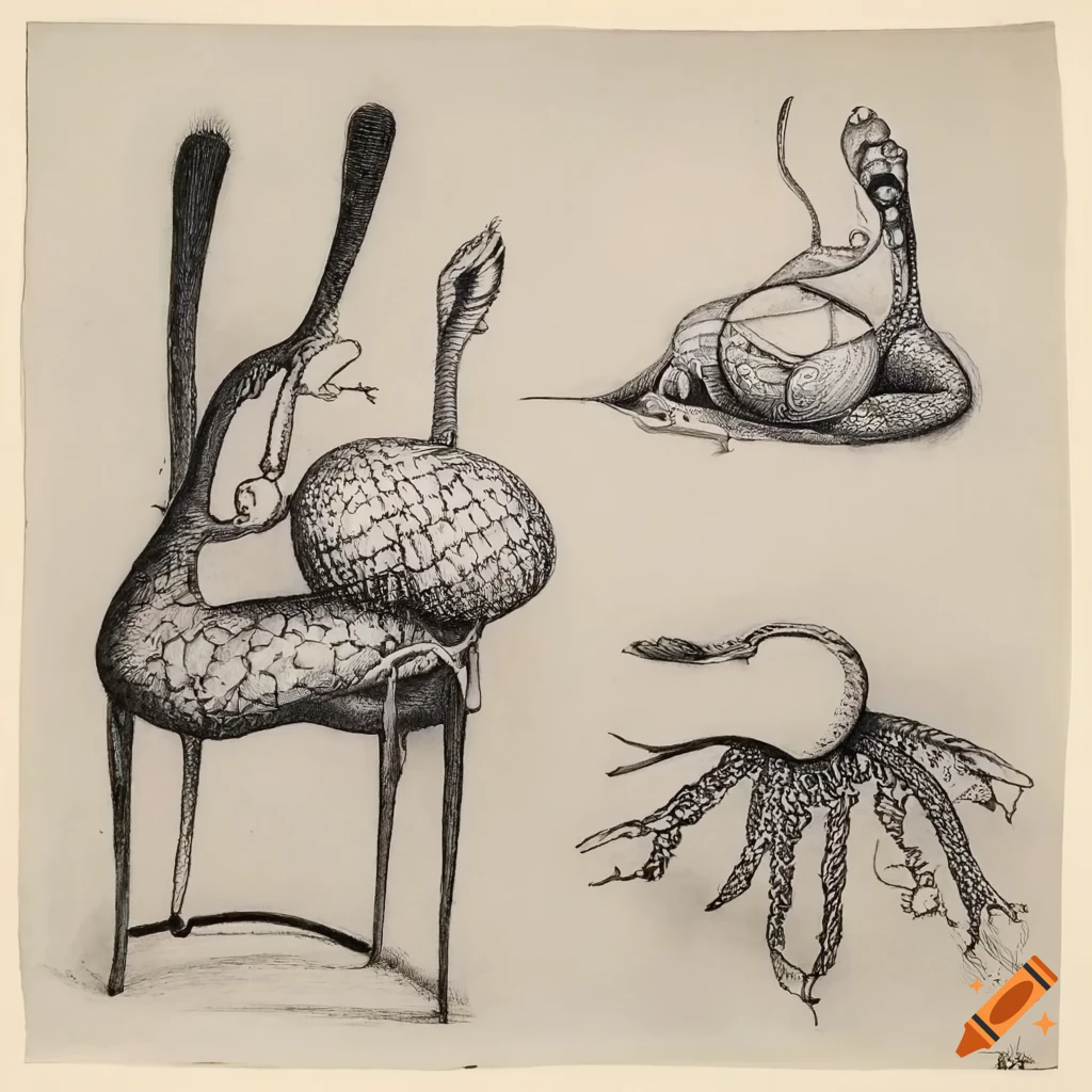 Surreal ink drawing of ceropegia and stapeliads on Craiyon