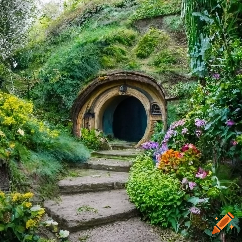 Photograph of a lush cave with a cozy hobbit house on Craiyon