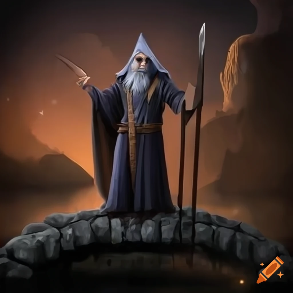 Realistic wizard with sword and staff on a bridge on Craiyon