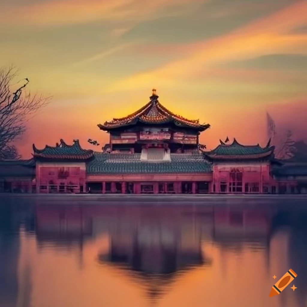 Giant chinese palace with two musicians looking at each other from a ...