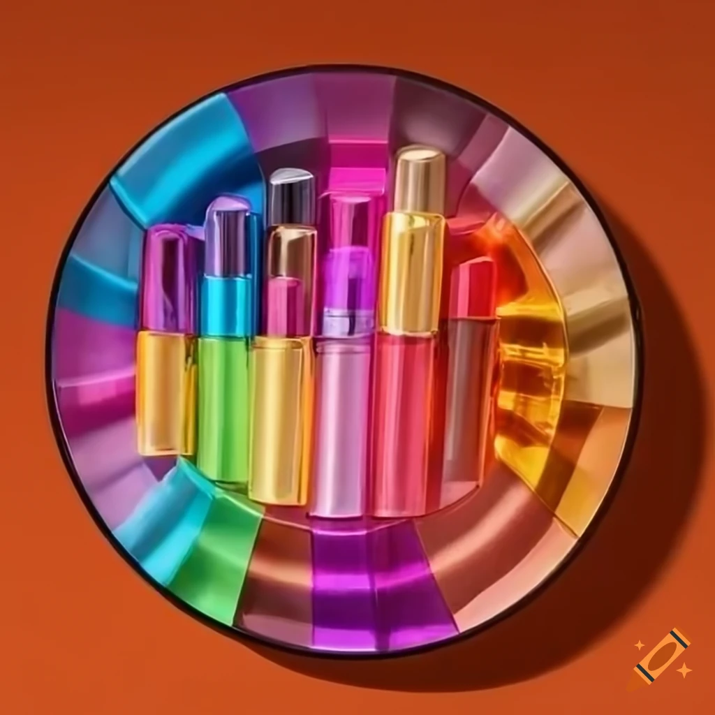 Rainbow of lipstick containers on a circular plate on Craiyon