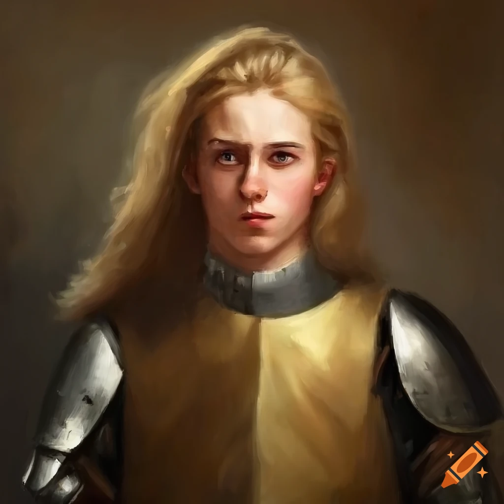 Oil painting of a female knight with blonde hair and grey eyes on Craiyon
