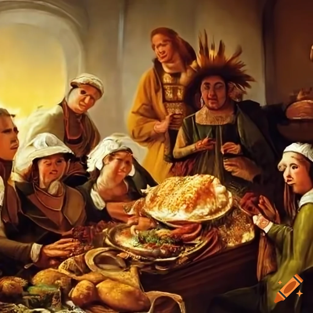Depiction of Pilgrims and Native Americans at a feast on Craiyon