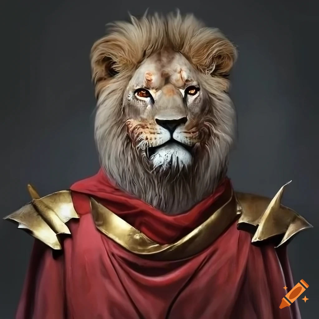 Hyperrealistic lion wearing red robes and golden armor on Craiyon