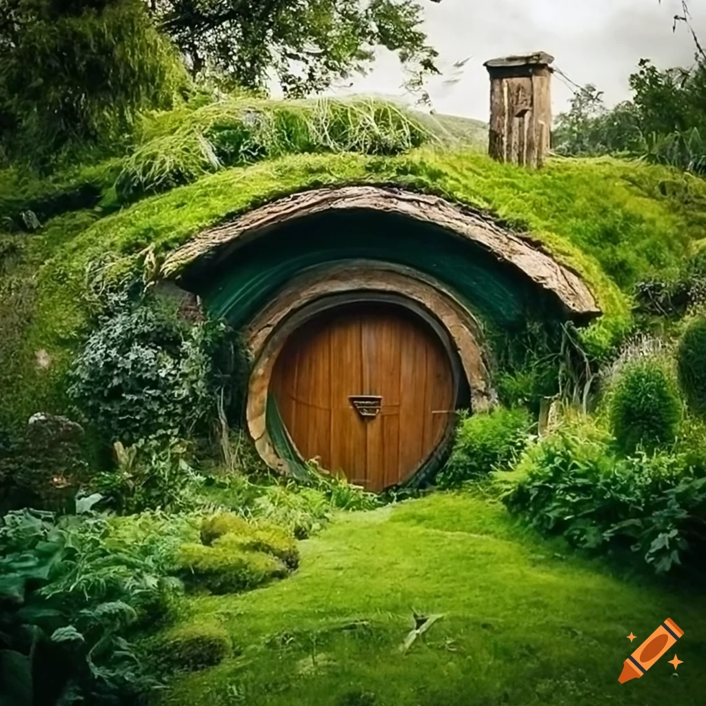 Close-up photo of a realistic hobbit house surrounded by greenery on Craiyon