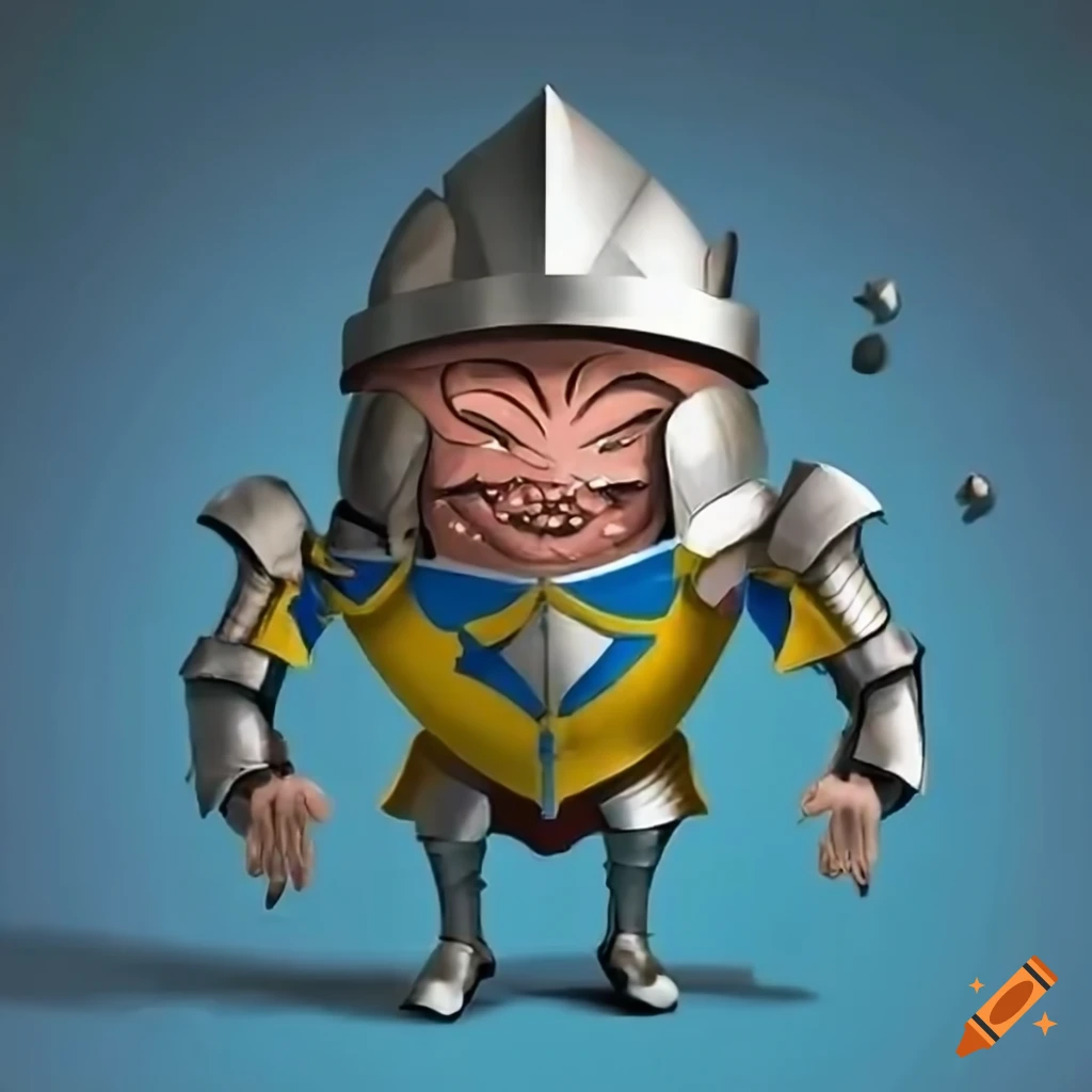 Swedish meatball dressed in armor holding flag