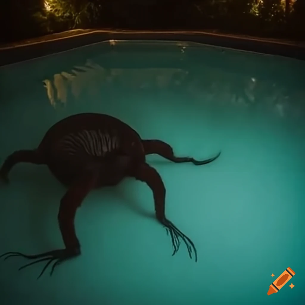 Eerie creature in a dark backyard pool