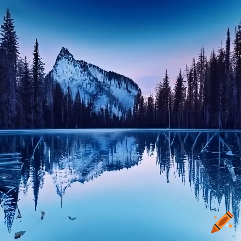 Winter landscape with frozen lake and snowy forest