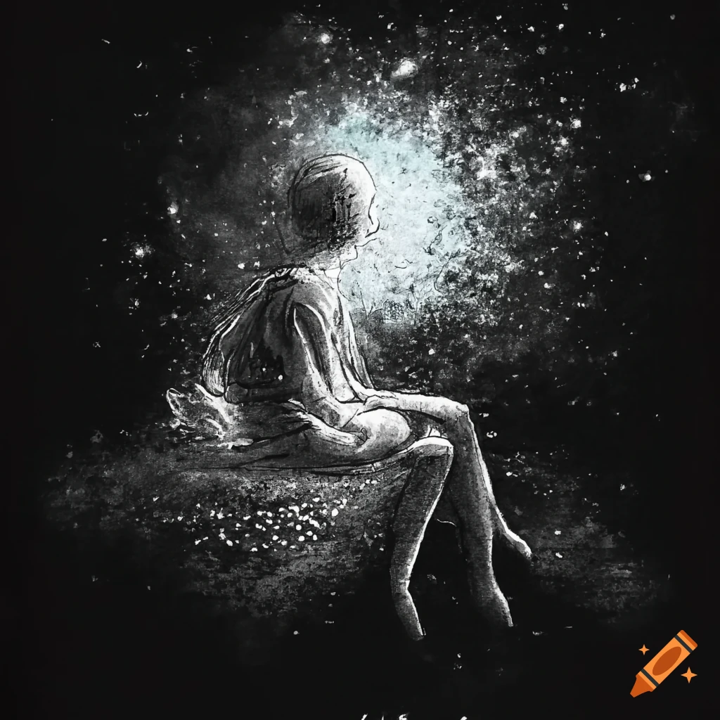 Black ink pencil drawing of a person sleeping under the stars on Craiyon