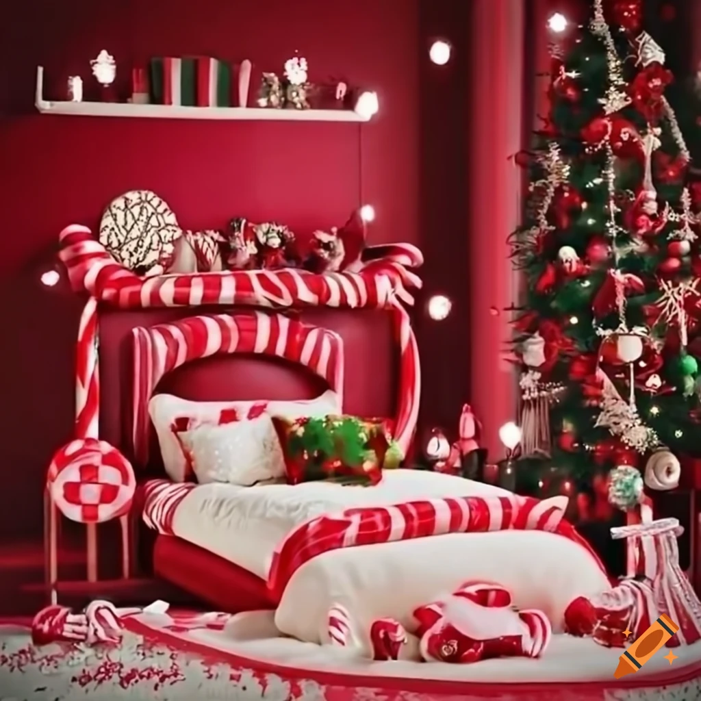 Festive christmas room with a candy bed on Craiyon