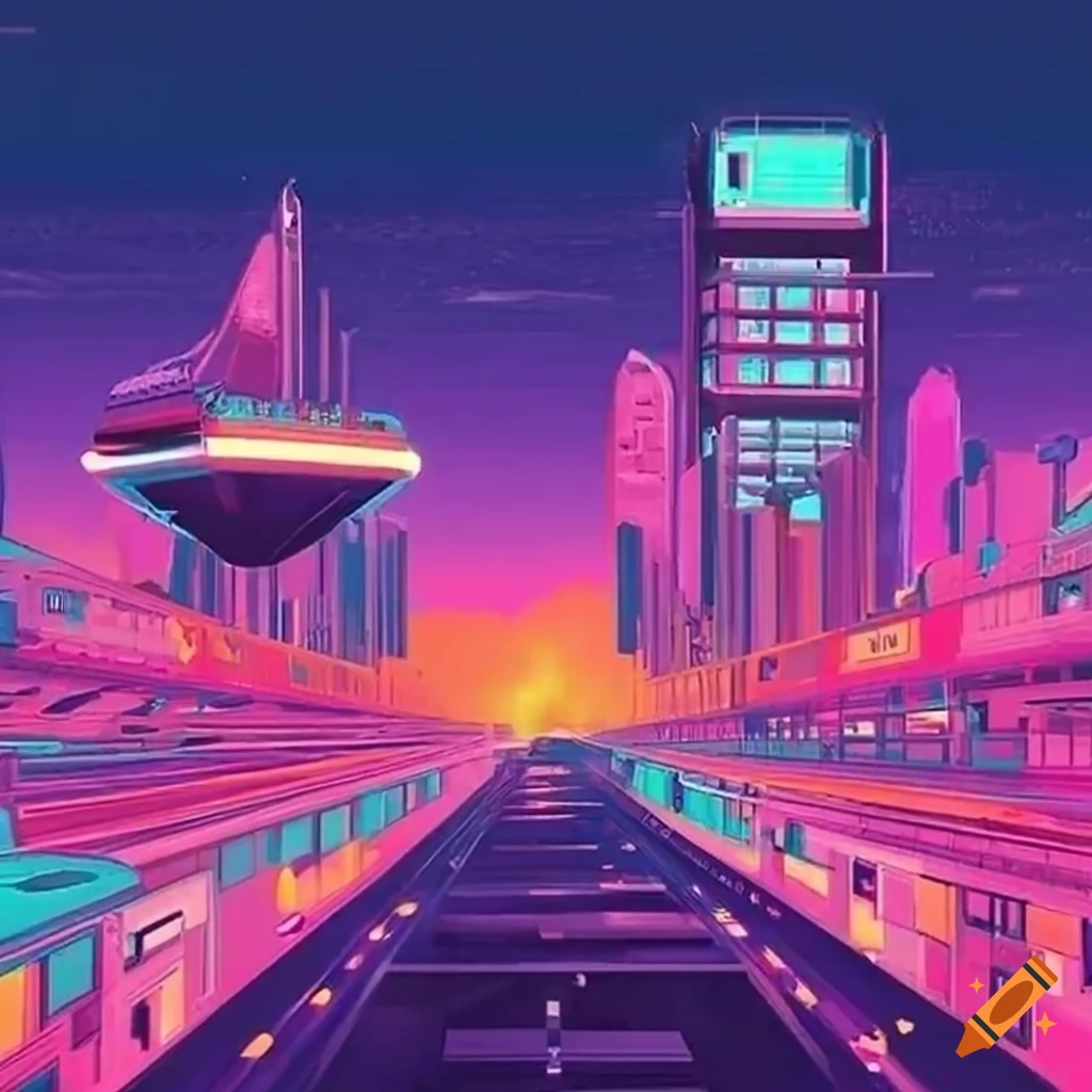 Cityscape of a futuristic 1990s chillwave city