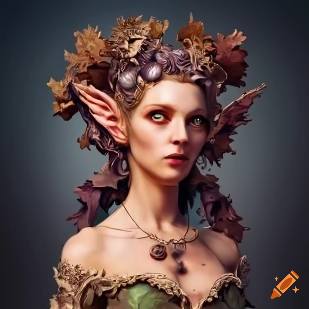 Portrait of a male tree spirit with greenish skin and wild curly hair ...