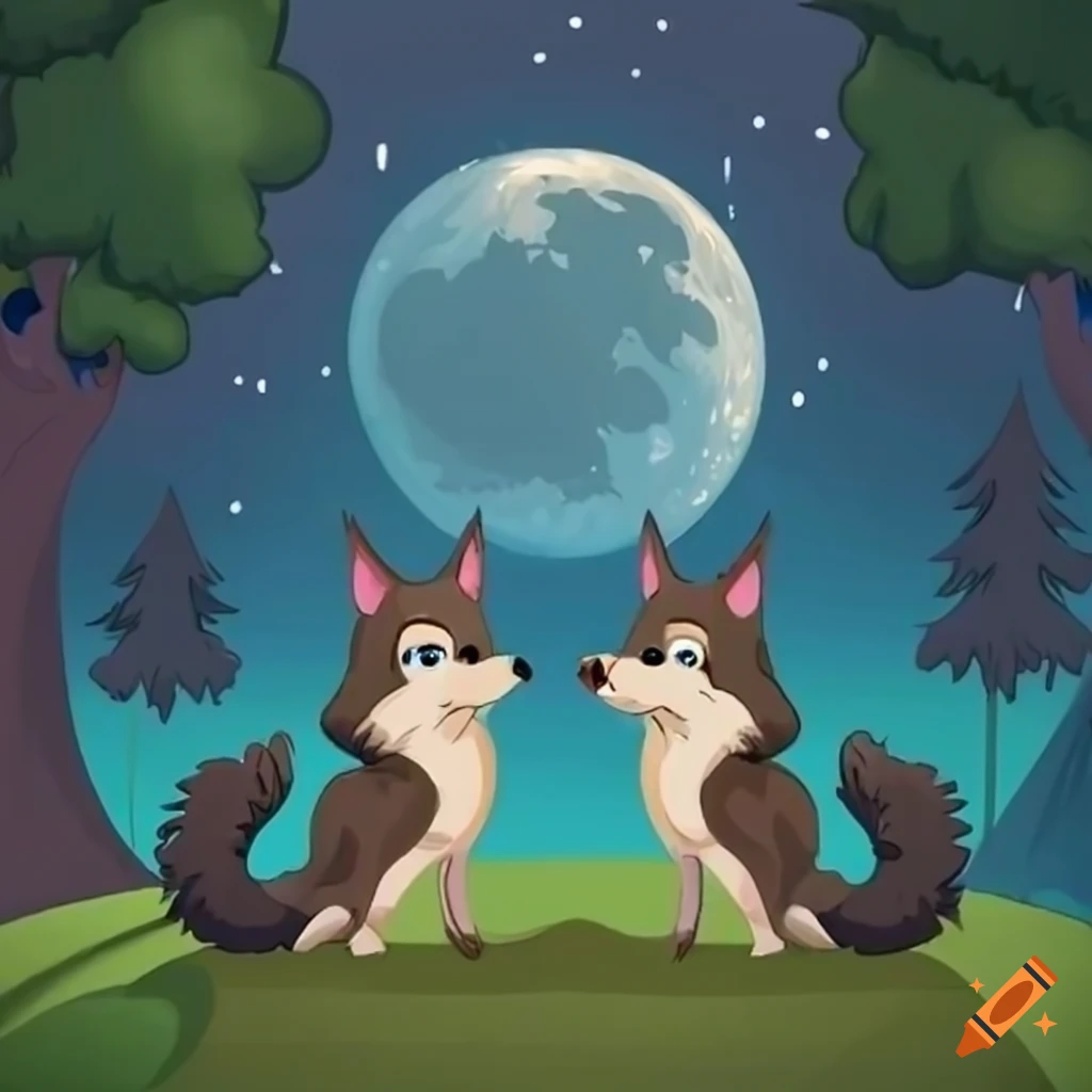 Cartoon wolves in a magical moonlit forest