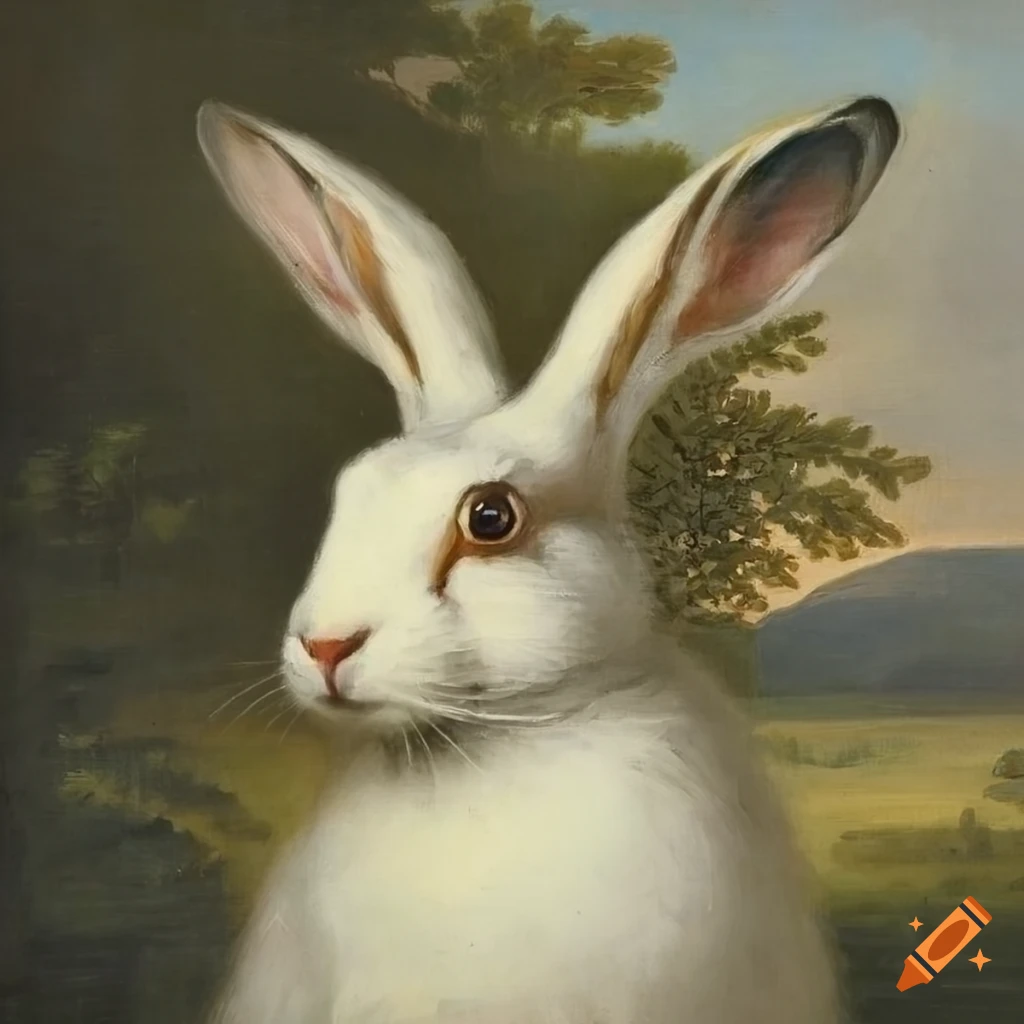 1800s oil painting portrait of a white hare looking up to a red bus on ...