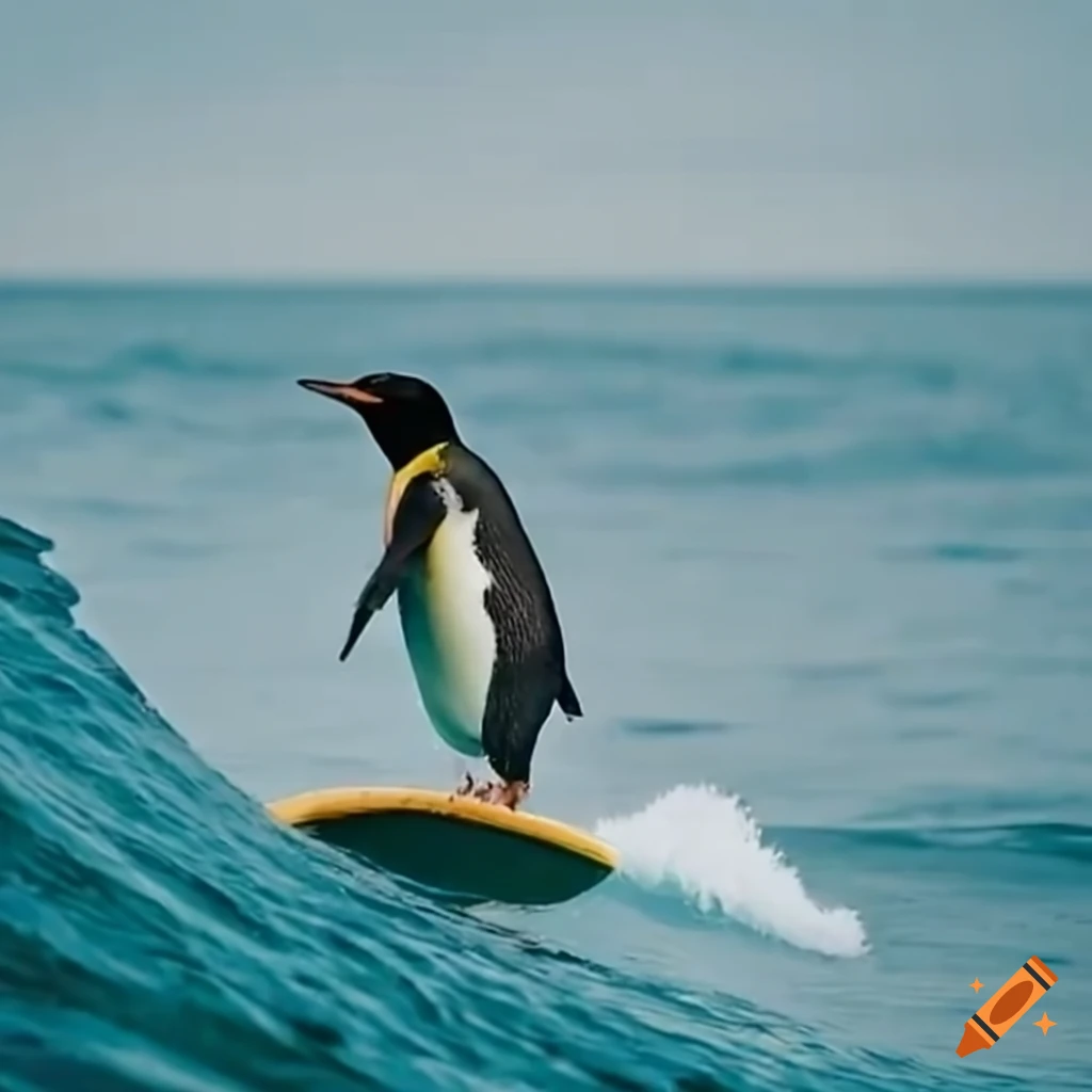 Cute penguin riding a wave on a surfboard on Craiyon
