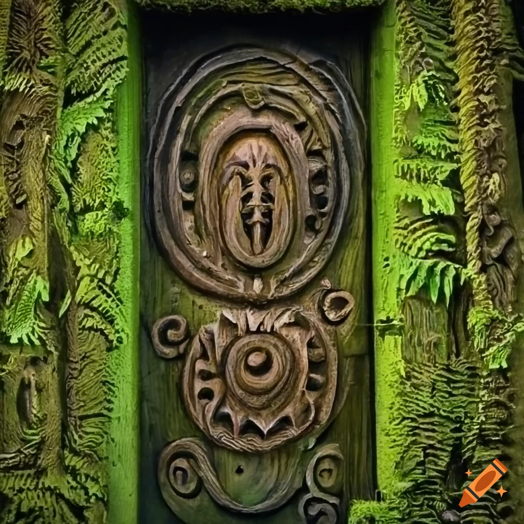 Carved african symbols on mossy door on Craiyon