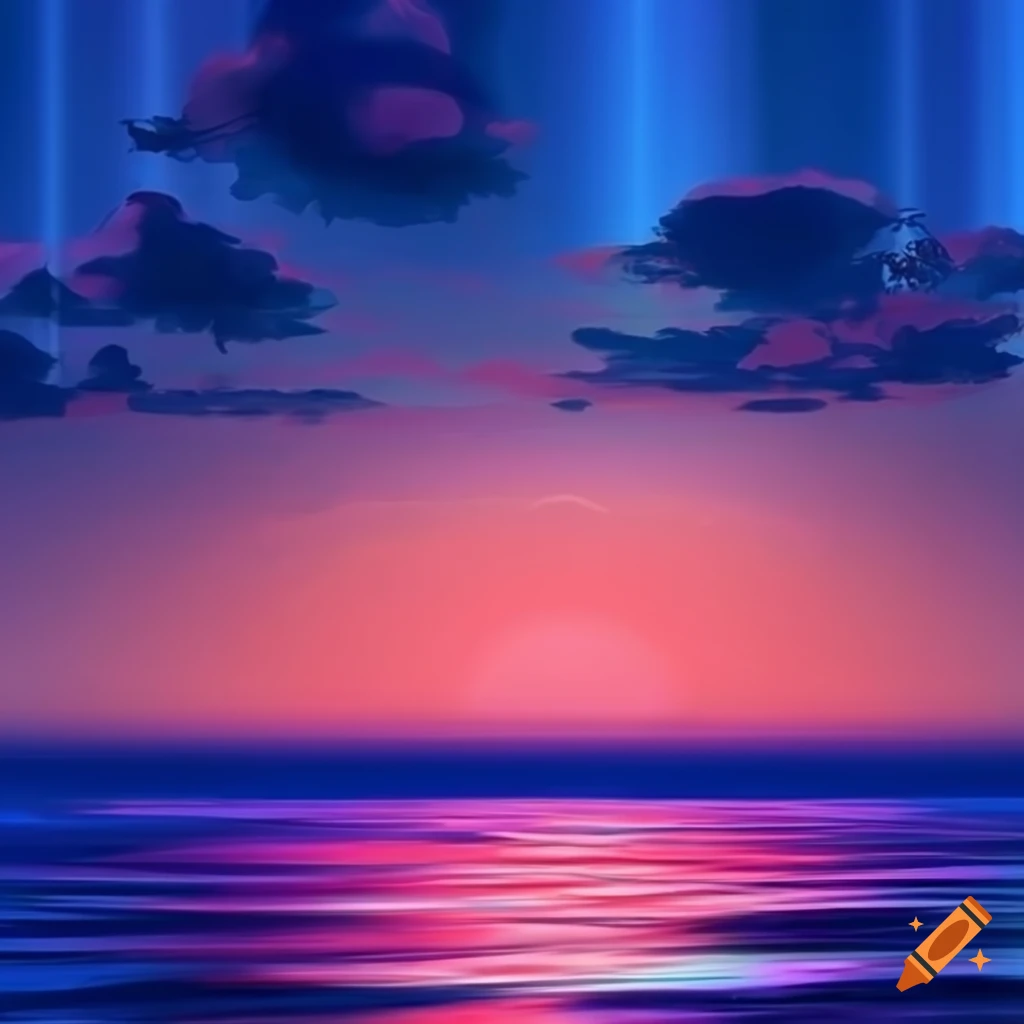Digital art of a blue sunset reflecting on water