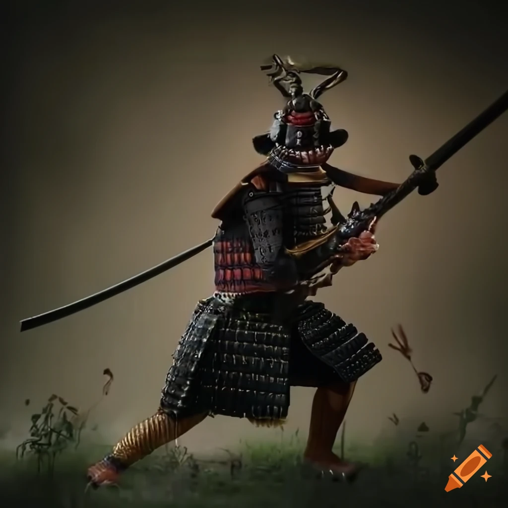Japanese samurai with katana in a realistic gold-black setting on Craiyon
