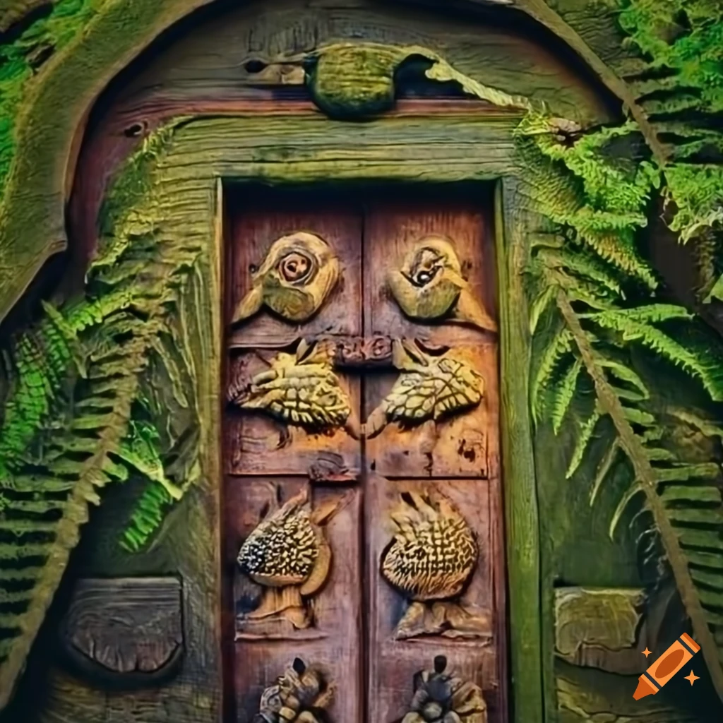 Wooden door with carvings of lizards and turtles
