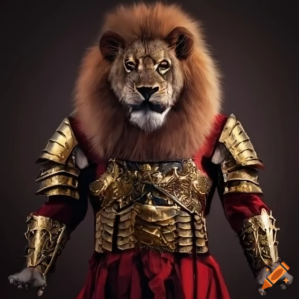 Hyperrealistic lion in red robes and golden armor on Craiyon