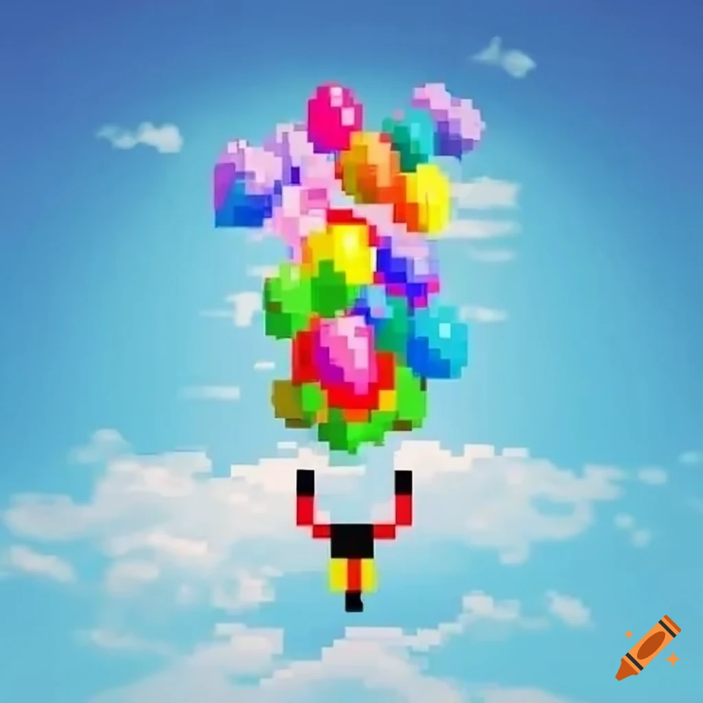 Colorful 8-bit character releasing balloons