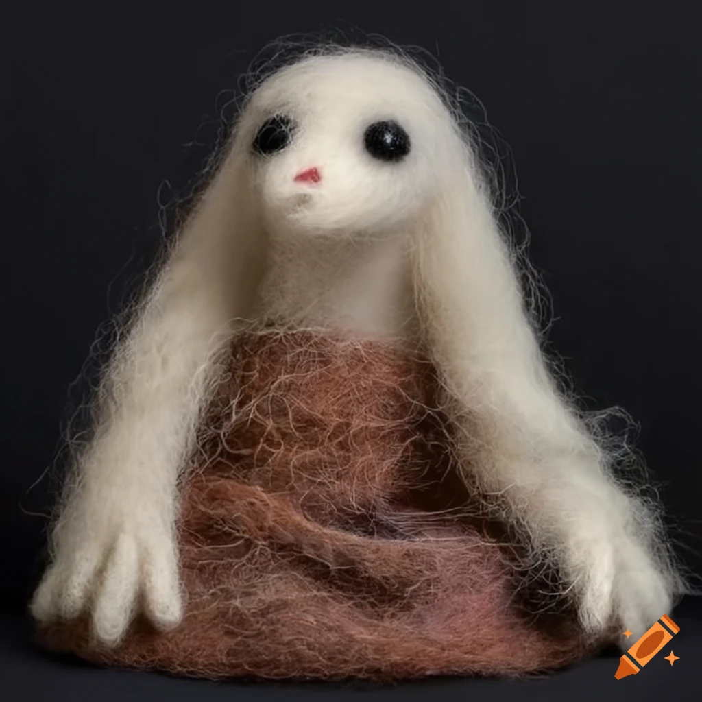 Creatures made of felted wool with unusual clothing in a textured ...
