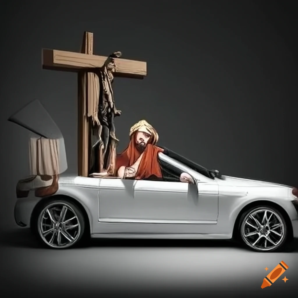 Humorous illustration of jesus driving with a big cross on Craiyon
