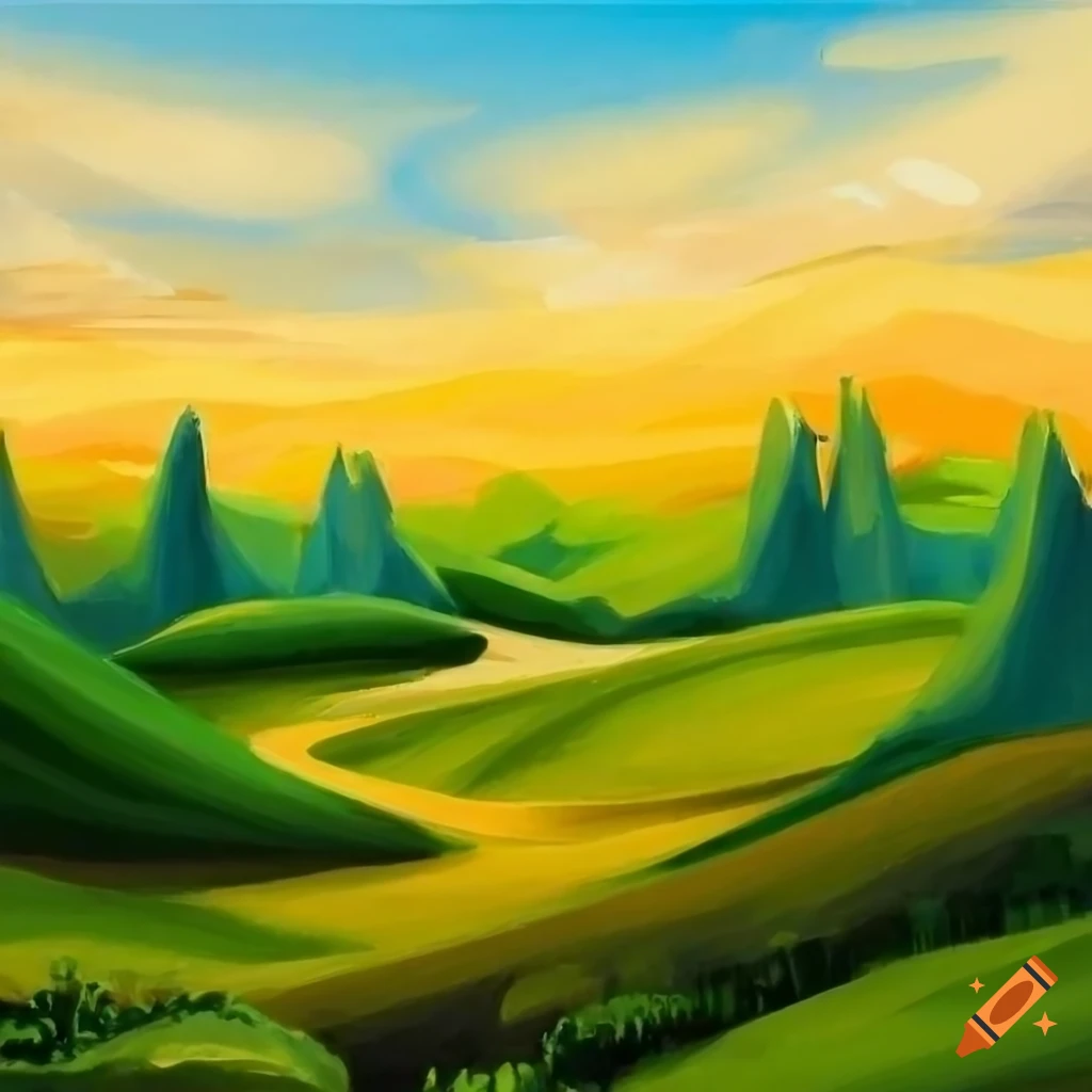 Oil paint countryside scenery in cartoon style