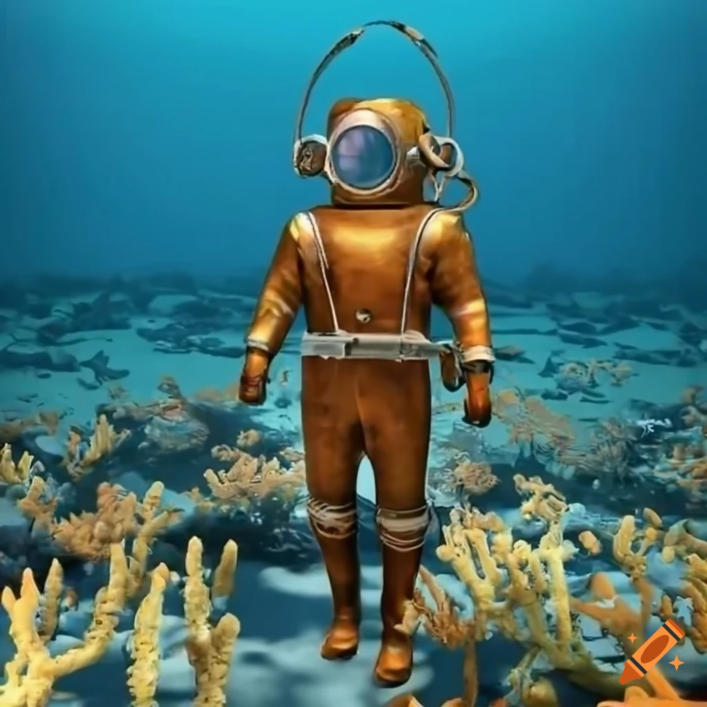 3d rendering of an old copper diving suit among vibrant corals