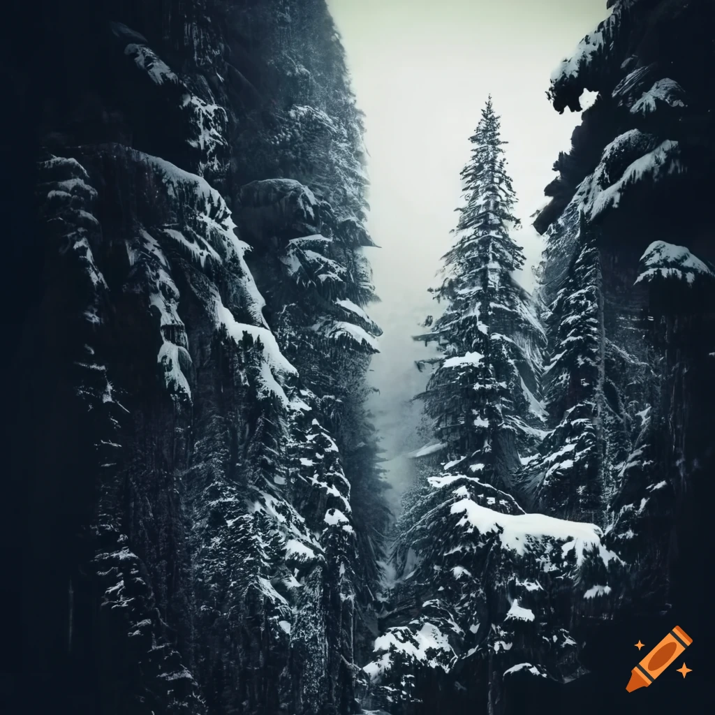 Snow-covered dense forest in the northern mountains on Craiyon