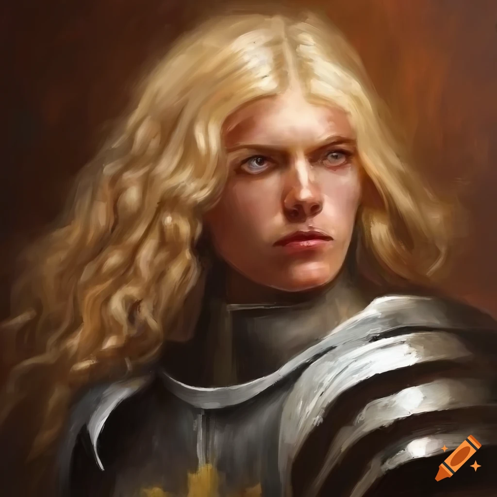 Female knight in green attire in a classical oil painting portrait on ...