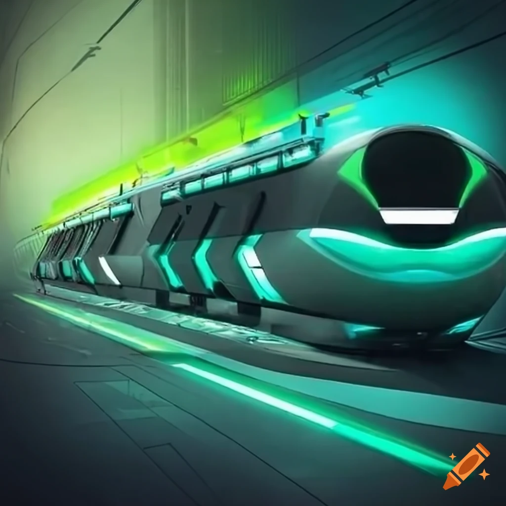 Futuristic black and green cyan hyperloop train in a city on Craiyon