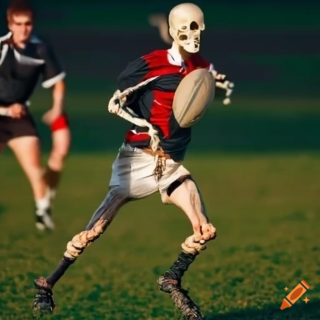 Rugby player running through goblins in a fiery moonscape on Craiyon