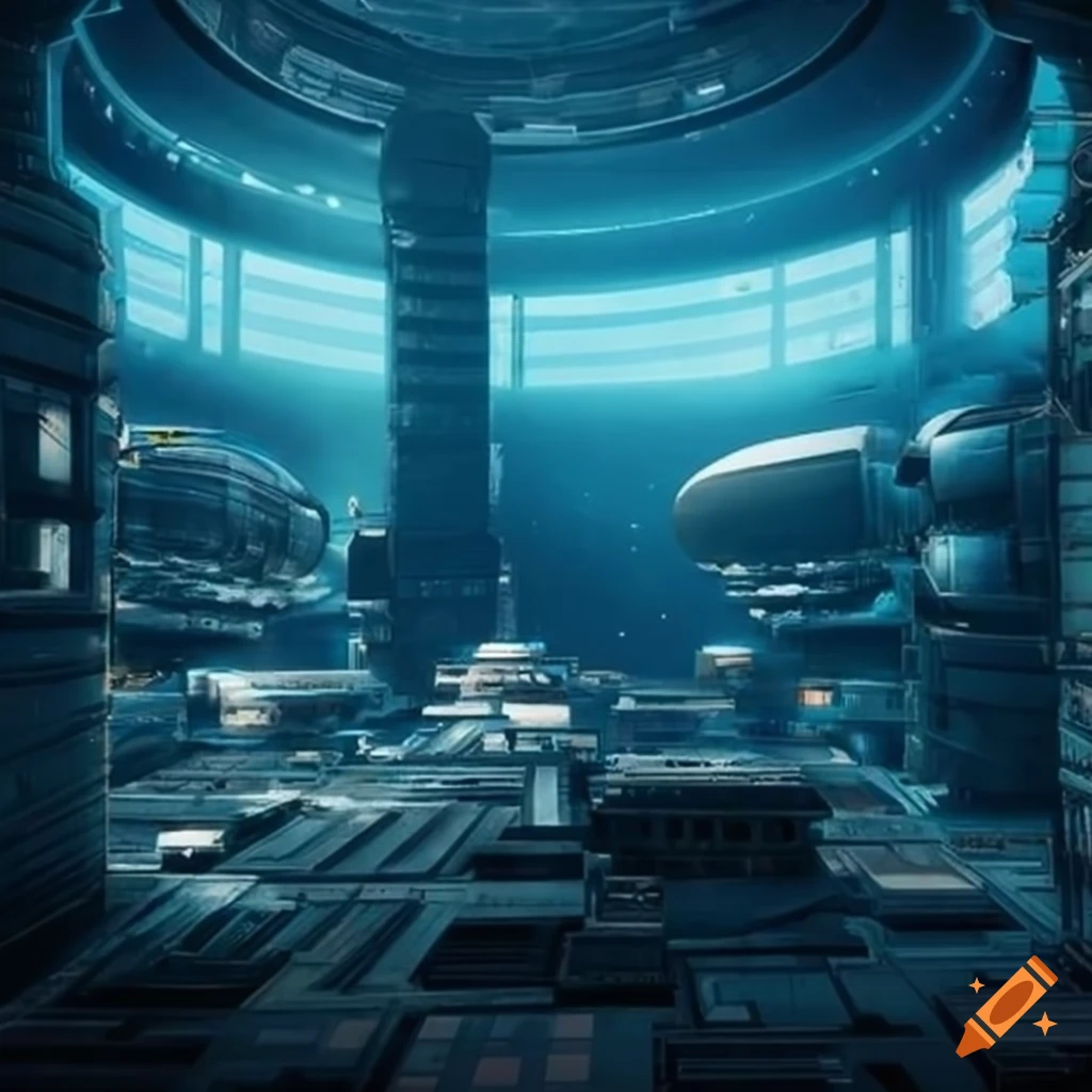 Sci-fi warehouse with a distant space ship on Craiyon