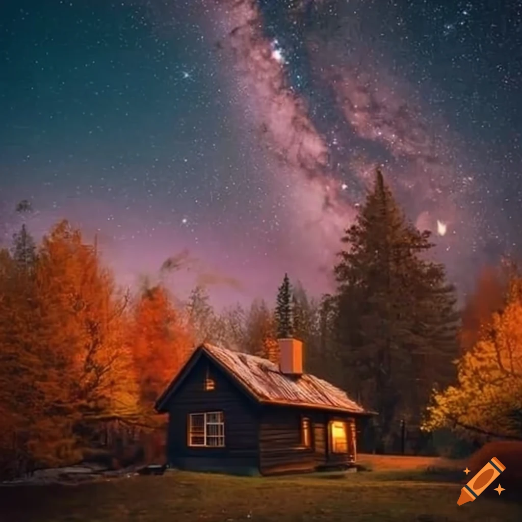Colorful autumn foliage around a cozy cabin under the stars on Craiyon