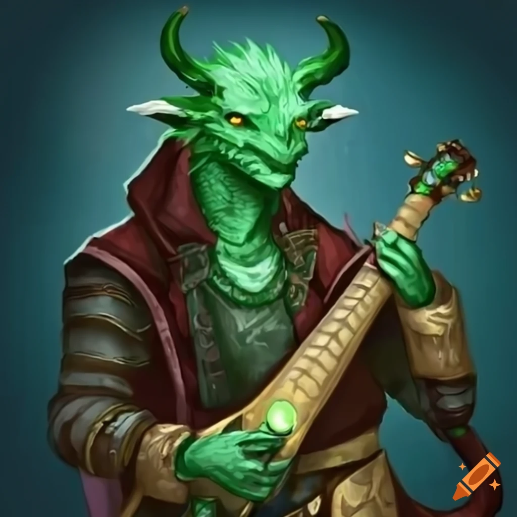 Illustration of a dragonborn bard playing a magical tune on Craiyon